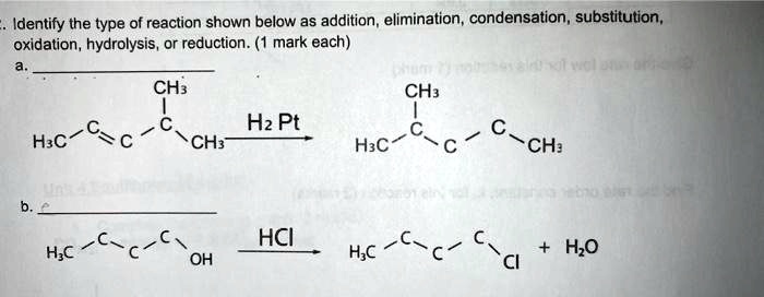 SOLVED: Identify the type of reaction shown below as addition, elimination, condensation ...