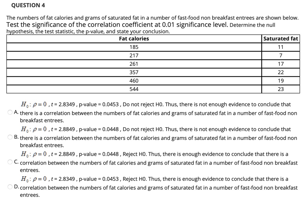 SOLVED: The numbers of fat calories and grams of saturated fat in a ...