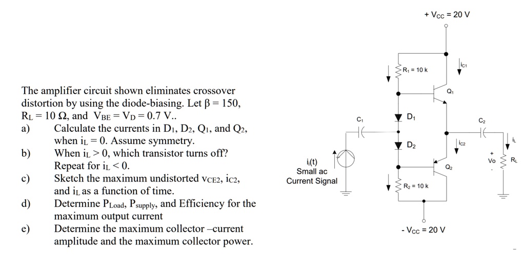 The amplifier circuit shown eliminates crossover distortion by using ...