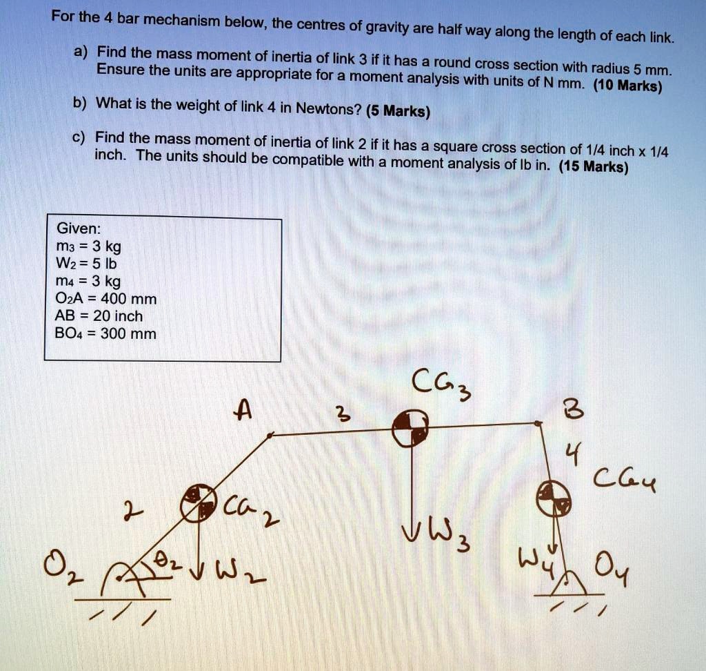 SOLVED: For the 4-bar mechanism below, the centers of gravity are ...