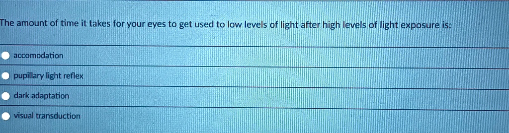 the amount of time it takes for your eyes to get used to low levels of ...