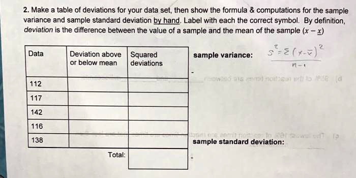 SOLVED:2. Make table of deviations for your data set; then show the ...