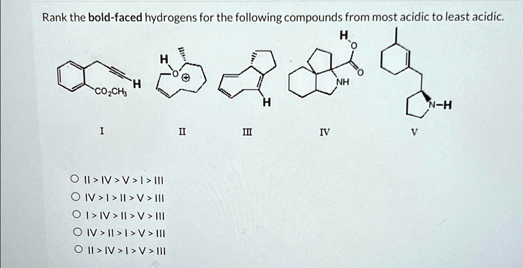 Rank the bold-faced hydrogens for the following compounds from most ...