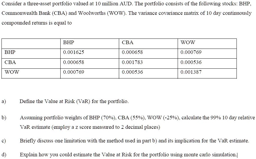 Consider a three-asset portfolio valued at 10 million AUD. The ...