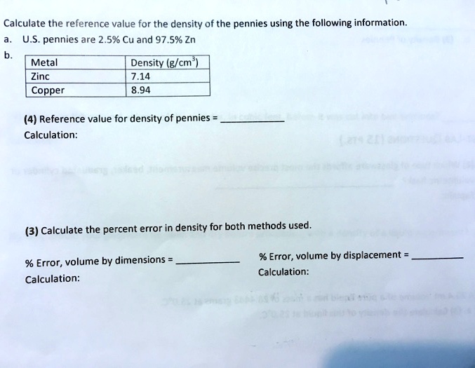 Calculate the reference value for the density of the pennies using the ...
