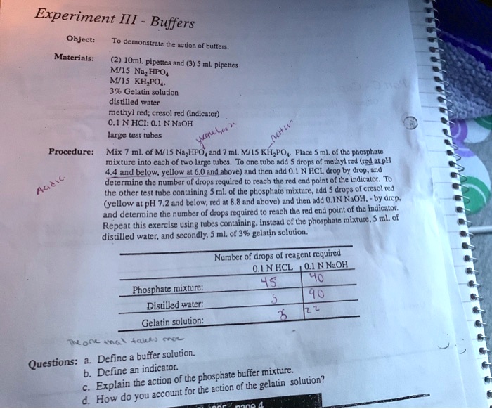 Experiment III - Buffers Object: To demonstrate the effect of buffers. Materials: (2) 10mL ...
