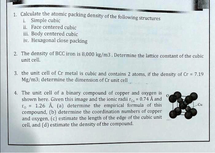 Solved Calculate The Atomic Packing Density Of The Following Simple Cubic Structures Face