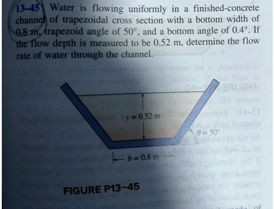 SOLVED: 13-45) Water is flowing uniformly in a finished-concrete channel of trapezoidal cross ...