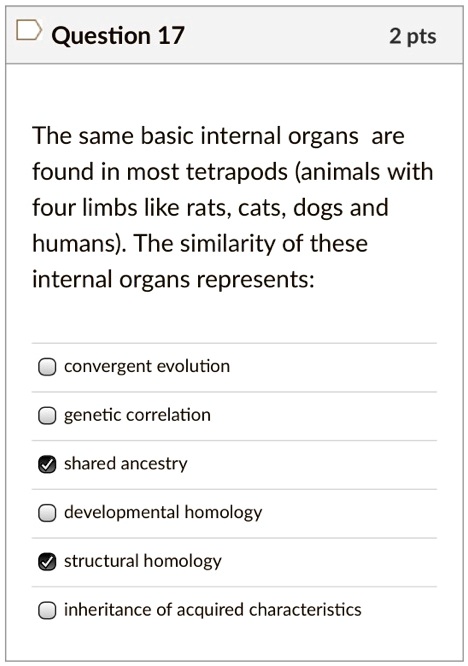 Question 17 2 pts The same basic internal organs are found in most ...