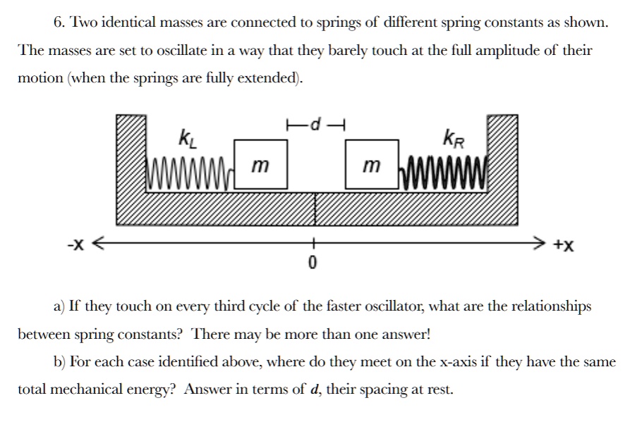 SOLVED: 6. Two identical masses are connected to springs of different ...