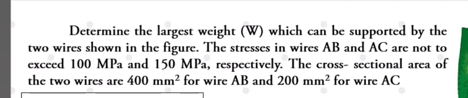 determine the largest weight w which can be supported by the two wires ...