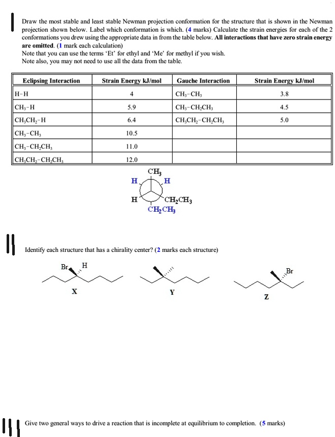 Draw the most stable and least stable Newman projection conformation for the structure that is ...