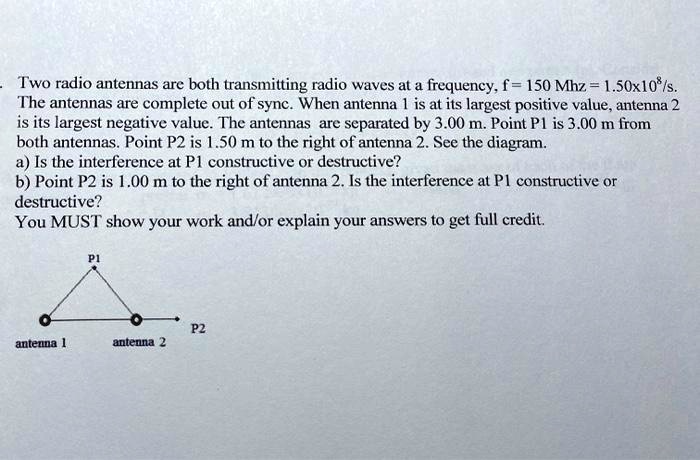 two radio antennas are both transmitting radio waves at frequency f 150 ...