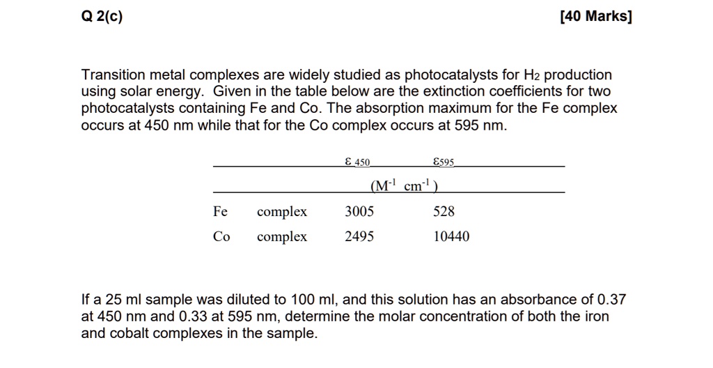q 2c 40 marks transition metal complexes are widely studied as ...