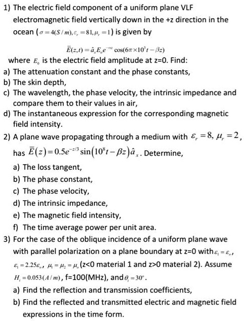 SOLVED: The electric field component of a uniform plane VLF ...