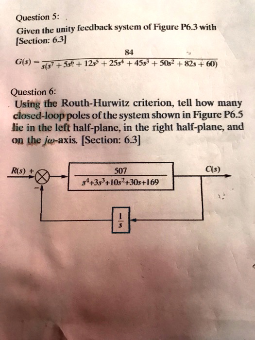 Question 5: Given the unity feedback system of Figure P6.3 with [Section: 6.3] G(s) = (84)/(s(s ...