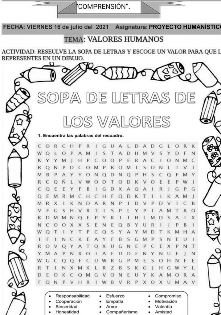 sopa de letras de los valores 1 encuentra las palabras del recuadro ...