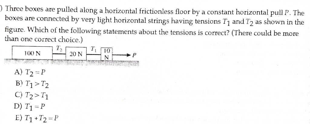 three boxes are pulled along horizontal frictionless floor by a constant horizontal pull p the ...