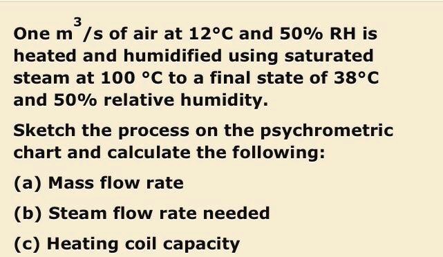 SOLVED: One m Is of air at 12*C and 50% RH is heated and humidified using saturated steam at 100 ...