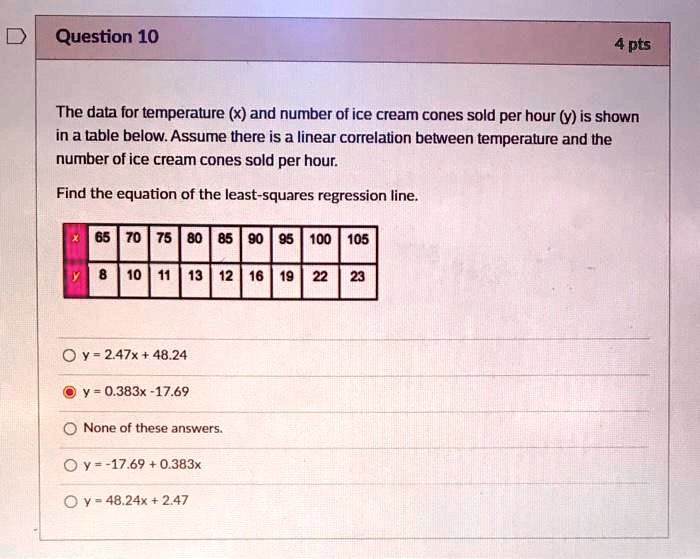 question 10 4 pts the data for temperature x and number of ice cream ...