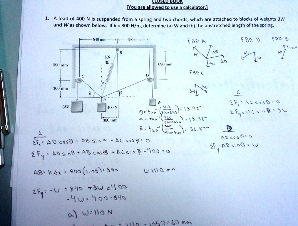 a load of 400 n is suspended from a spring and two chords which are attached to blocks of ...