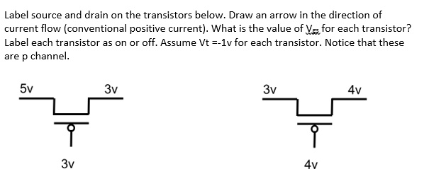SOLVED: Label the source and drain on the transistors below. Draw an ...