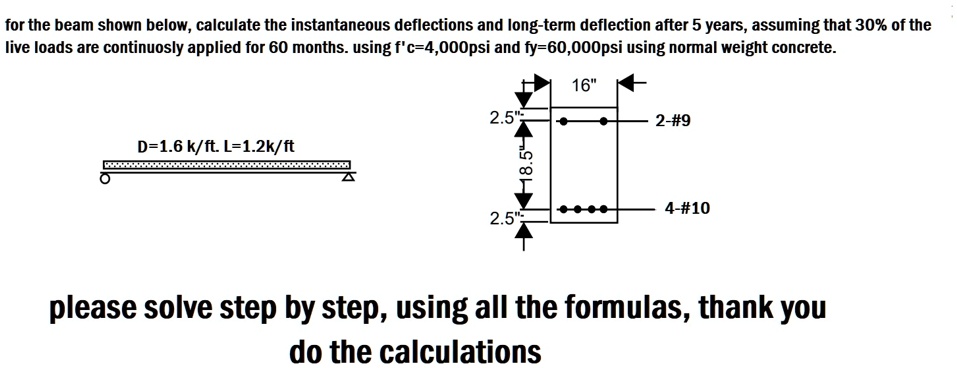 for the beam shown below, calculate the instantaneous deflections and long-term deflection after ...