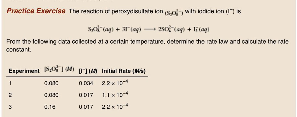 practice exercise the reaction of peroxydisulfate ion s0 with iodide ...