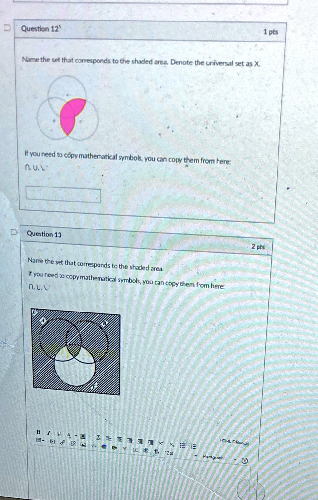 queston 12 1pu name the set that corresponds to the shaded area denote ...