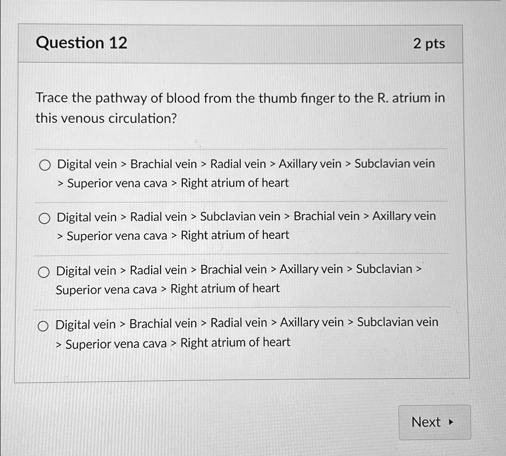 Question 12 2 pts trace the pathway of blood from the thumb...