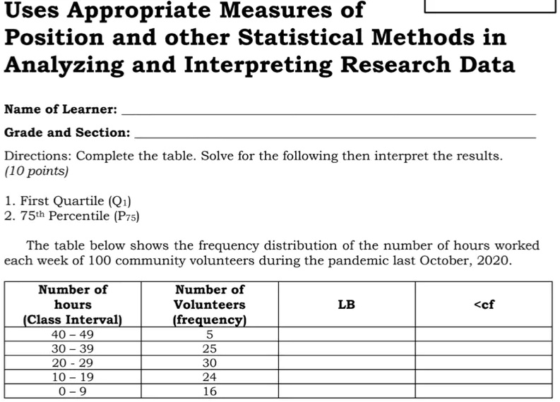 SOLVED: Uses Appropriate Measures of Position and other Statistical Methods in Analyzing and ...