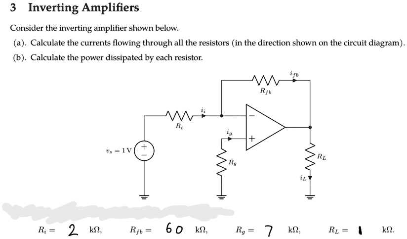 3 Inverting Amplifiers Consider the inverting amplifier shown below. (a). Calculate the currents ...