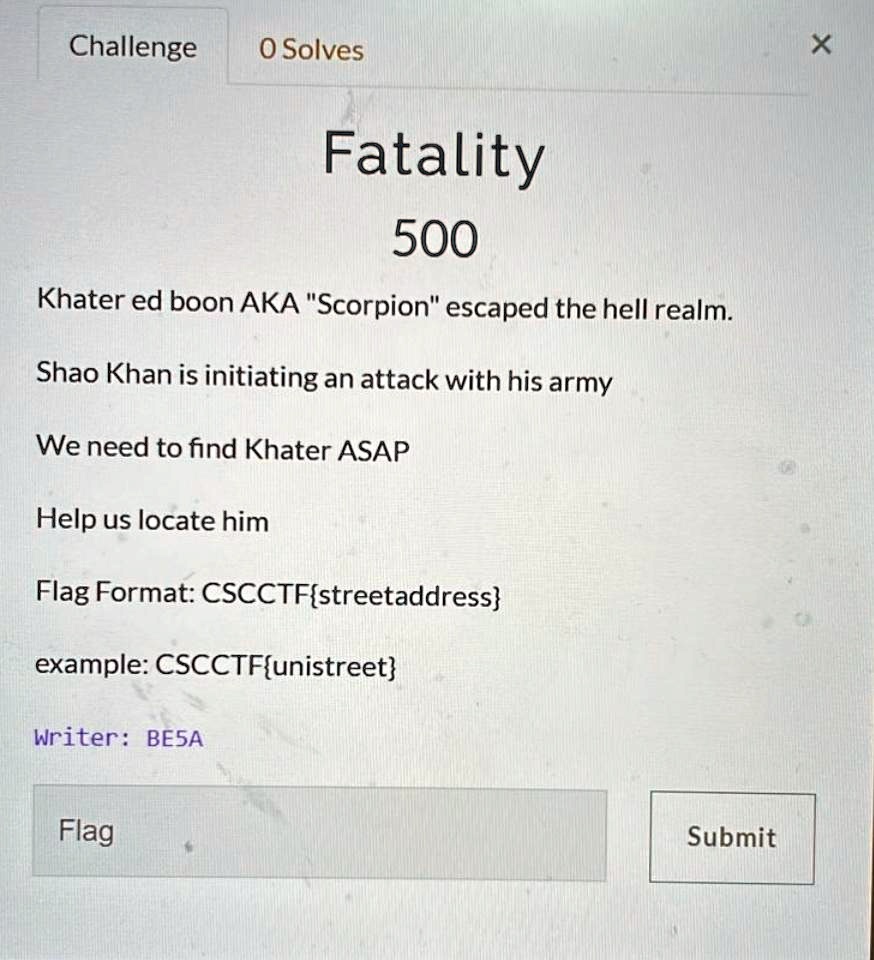 Challenge Solves Fatality 500 Khater Ed Boon AKA "Scorpion" escaped the hell realm. Shao Khan is ...