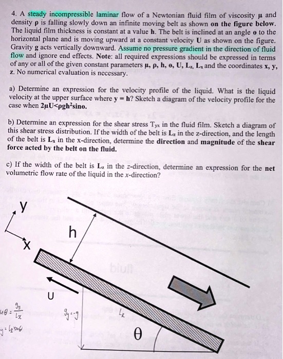 4. A steady incompressible laminar flow of a Newtonian fluid film of viscosity µ and density p ...