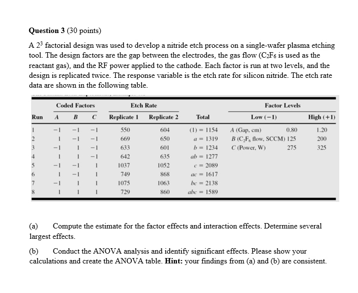 Question 3 (30 points) A 2 3 factorial design was used to develop a nitride etch process on a ...