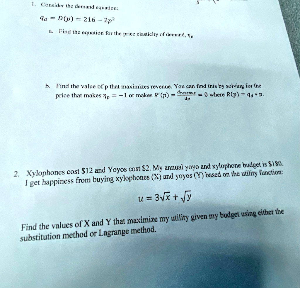SOLVED: 1. Consider the demand equation: q(d)=D(p)=216-2p^(2) a. Find ...