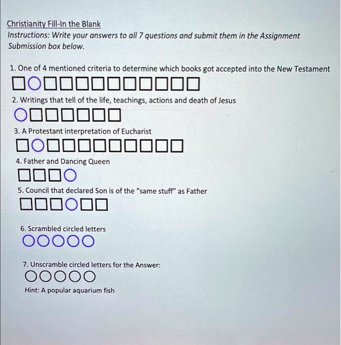Christianity Fill-In the Blank Instructions: Write your answers to all ...
