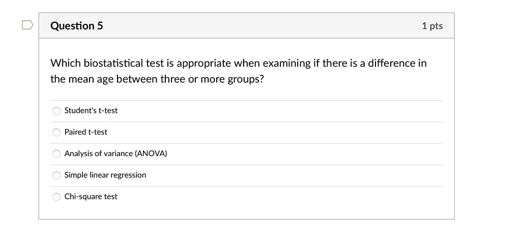 SOLVED: Which biostatistical test is appropriate when examining if ...