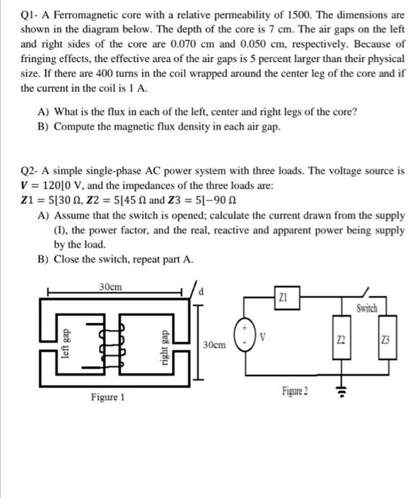 Q1- A Ferromagnetic core with a relative permeability of 1500. The dimensions are shown in the ...