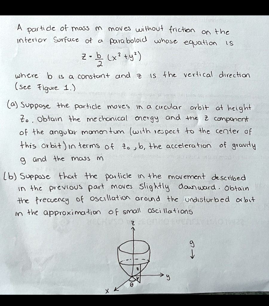 A particle of mass m moves without friction on the interior surface of a paraboloid whose ...