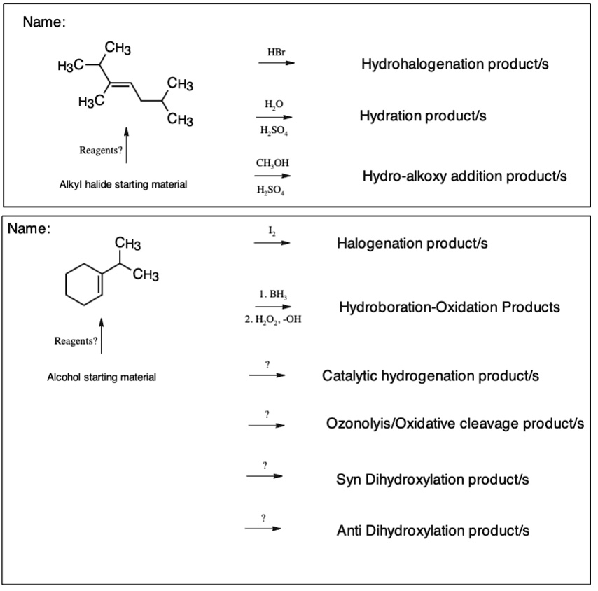 Name: CH3 HBr H3C- Hydrohalogenation product/s CH3 H3C H?O CH3 ...