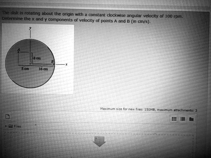 The disk is rotating about the origin with a constant clockwise angular velocity of 100 rpm ...