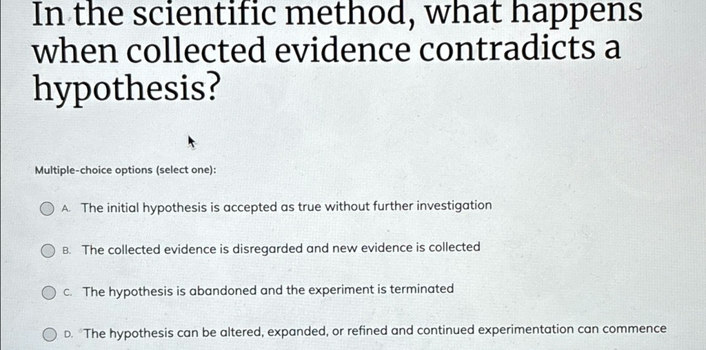SOLVED: In the scientific method, what happens when collected evidence contradicts a hypothesis ...