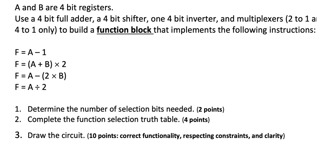 A and B are 4 bit registers. Use a 4 bit full adder, a 4 bit shifter, one 4 bit inverter, and ...