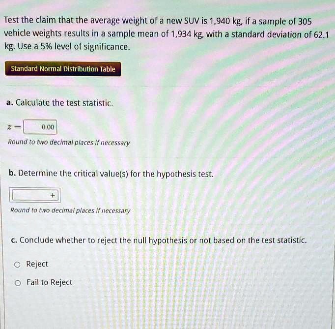 Test the claim that the average weight ofa new suv is 1940...