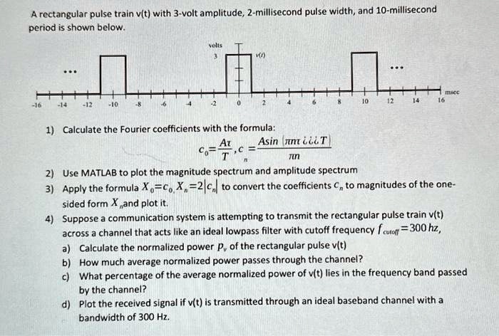 SOLVED: Texts: A rectangular pulse train v(t) with 3-volt amplitude, 2-millisecond pulse width ...