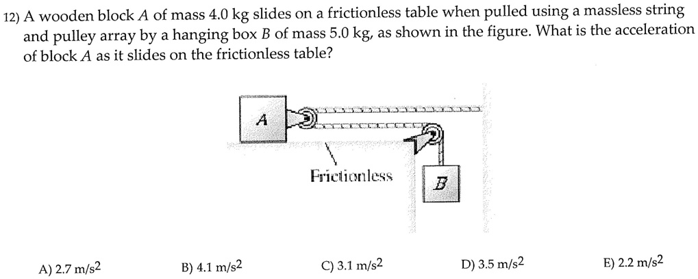 12 a wooden block a of mass 40 kg slides on a frictionless table when pulled using a massless ...