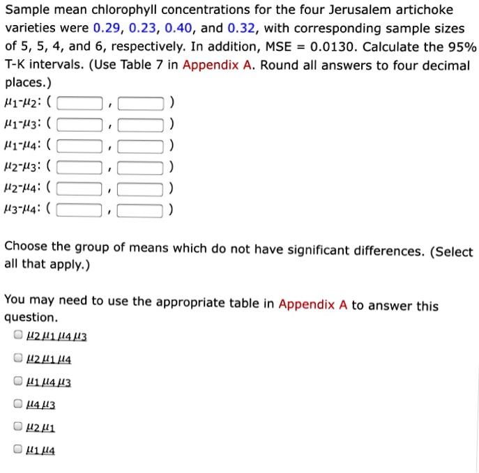 SOLVED: Sample mean chlorophyll concentrations for the four Jerusalem artichoke varieties were 0 ...