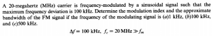 A 20-megahertz (MHz) carrier is frequency-modulated by a sinusoidal ...