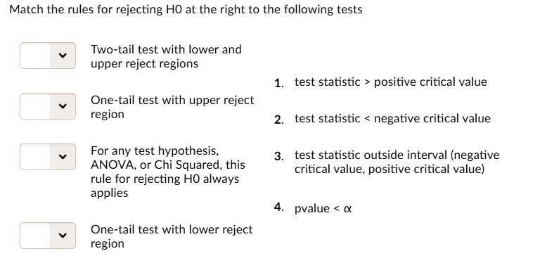 SOLVED:Match the rules for rejecting HO at the right to the following ...
